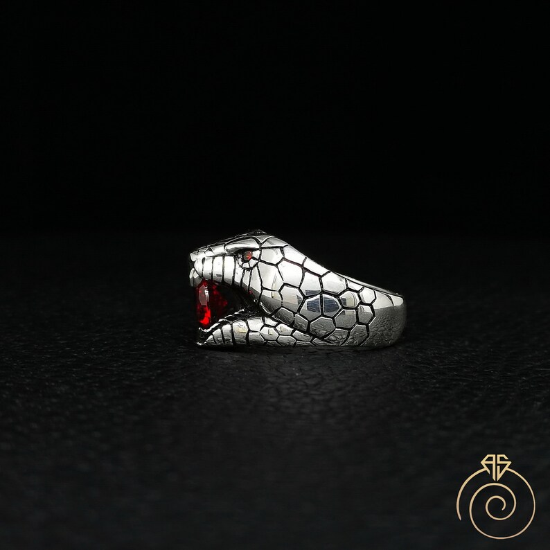 Mens Snake Head Ring Cobra Design Silver Fancy Animal Signet Ruby Cool ...