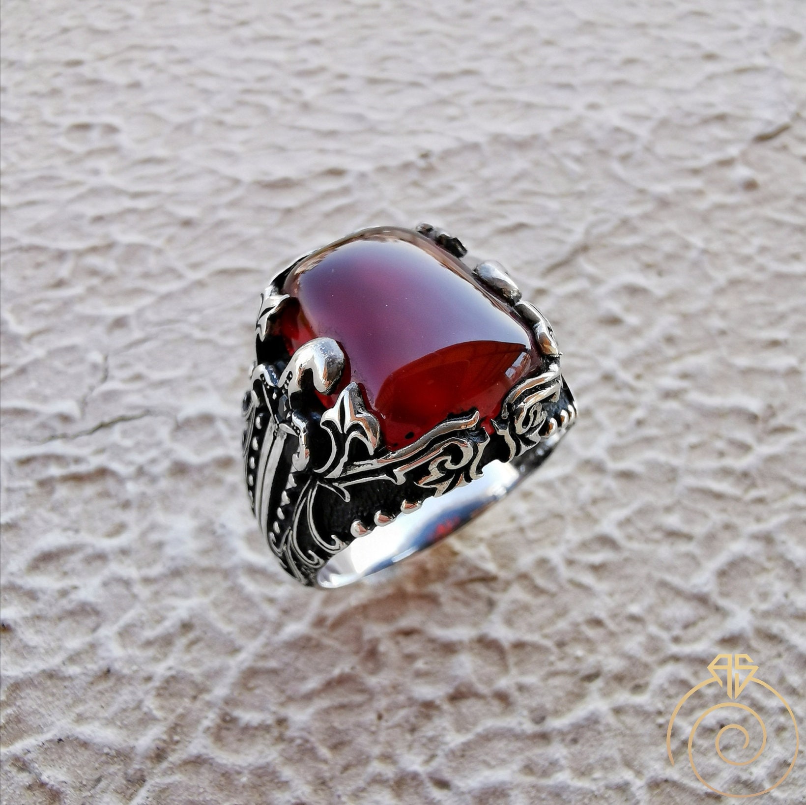 Men’s Agate Ring Gemstone, Cabochon Stone Ring, Silver Aqeeq Wedding ...