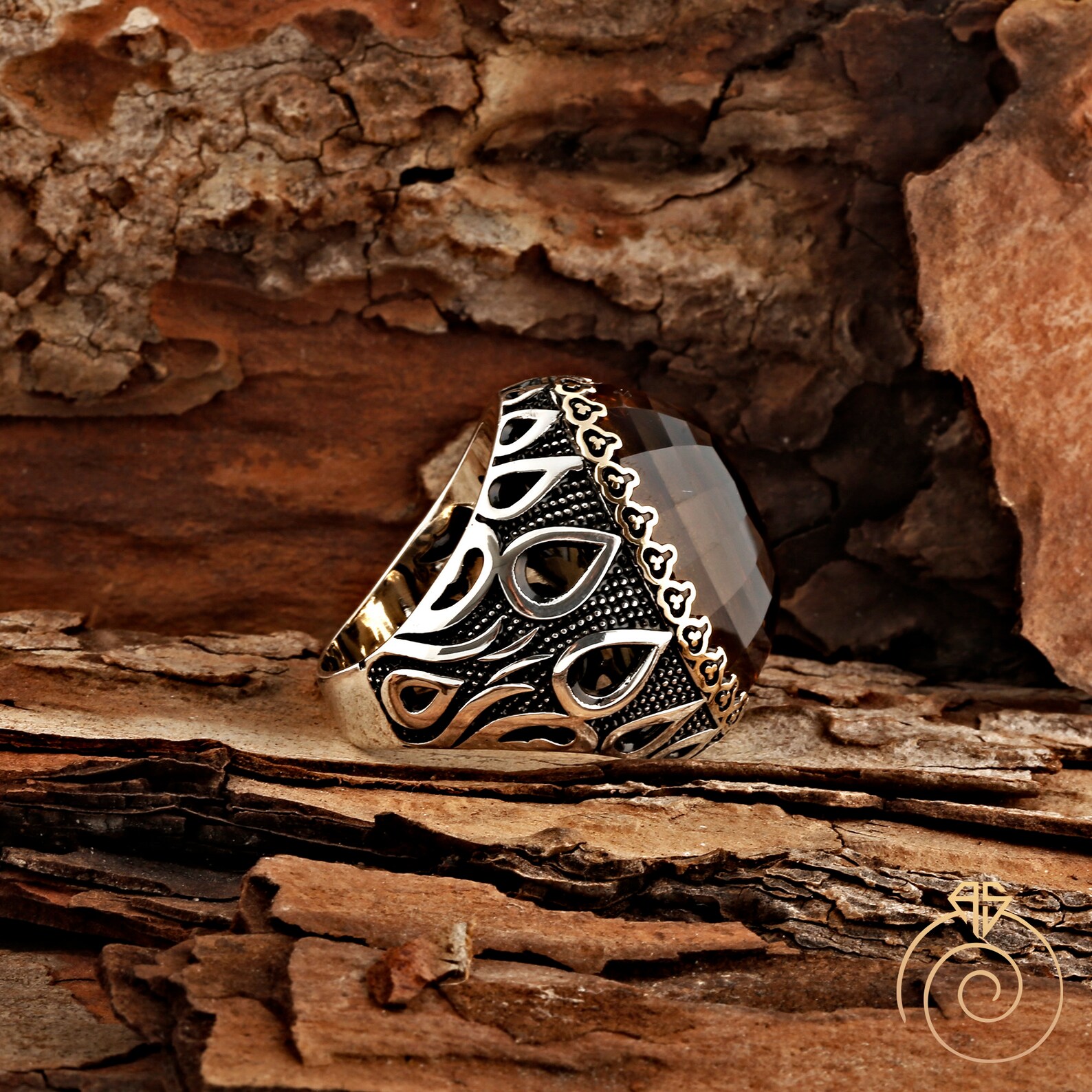 Men Citrine Big Ring For Men Unique Huge Carved Engrave | Etsy