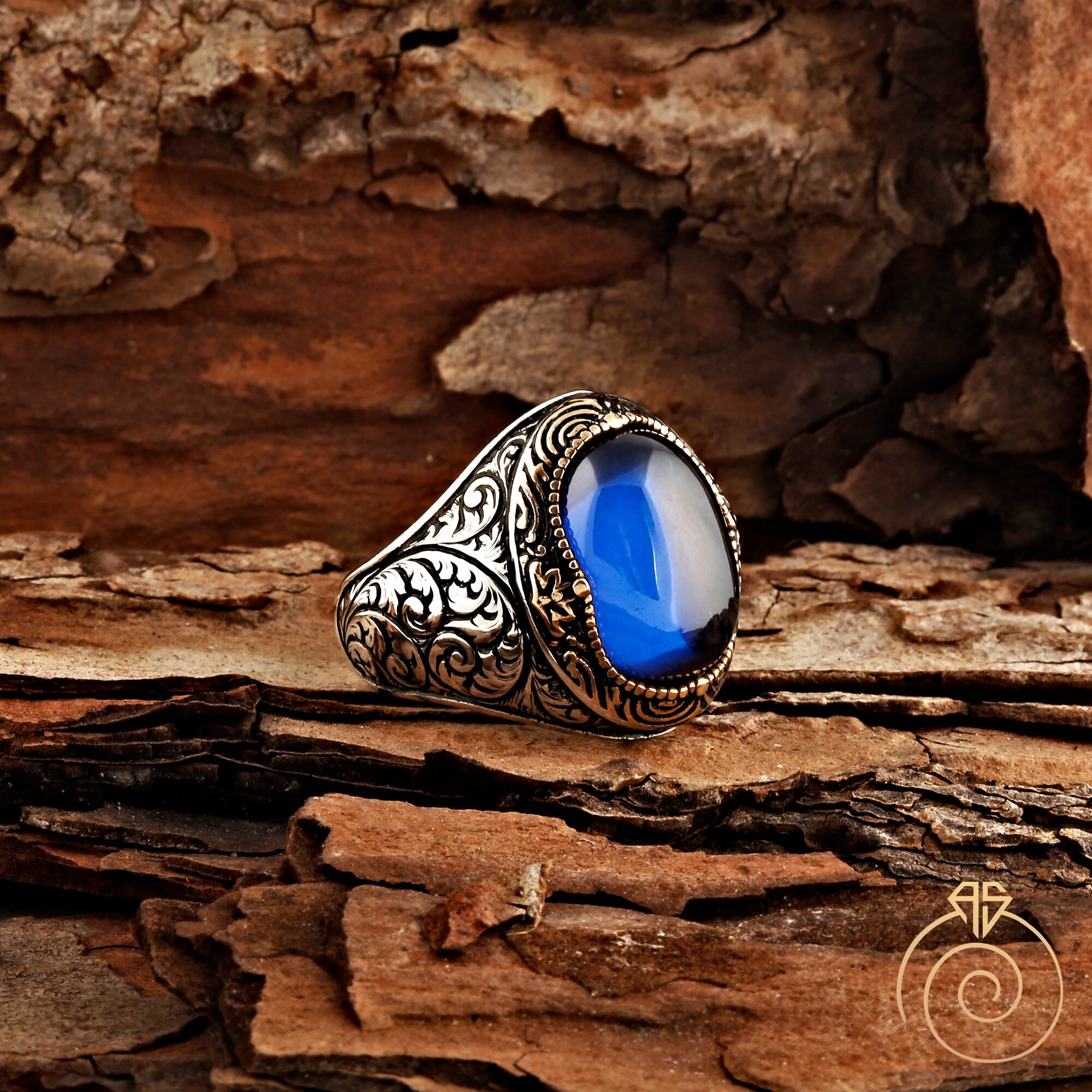 Men's Sapphire Avant Garde Curved Blue Stone Rings for Men Vintage ...