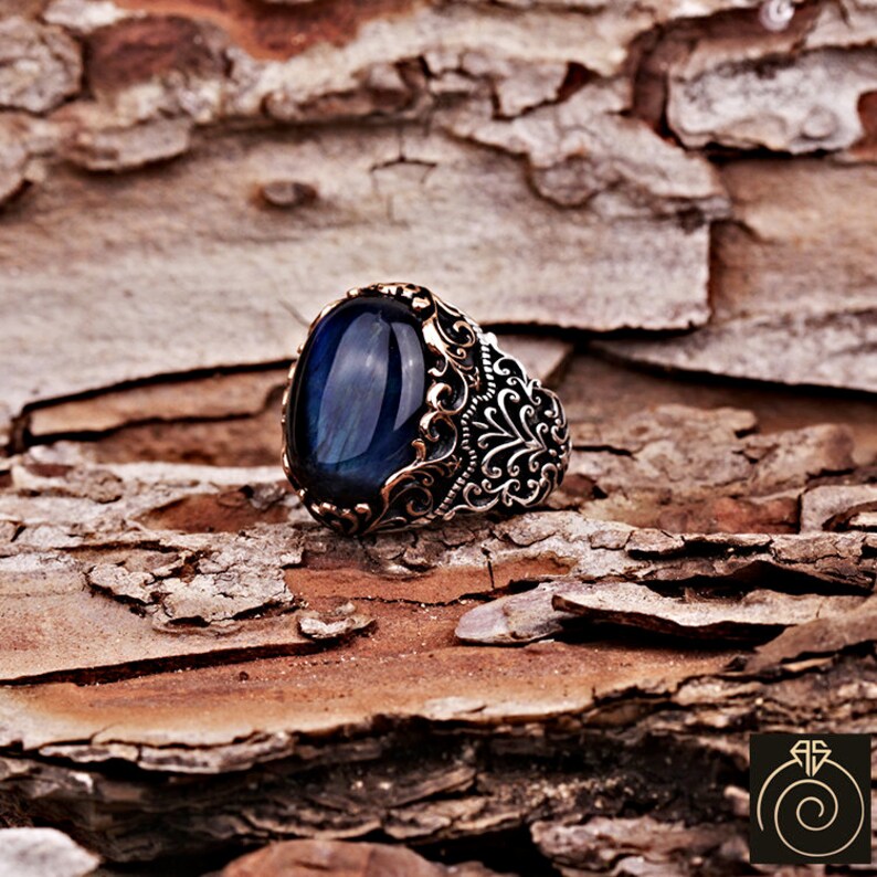 Blue Tigers Eye Ring Men Gemstone Rings Anniversary Band | Etsy