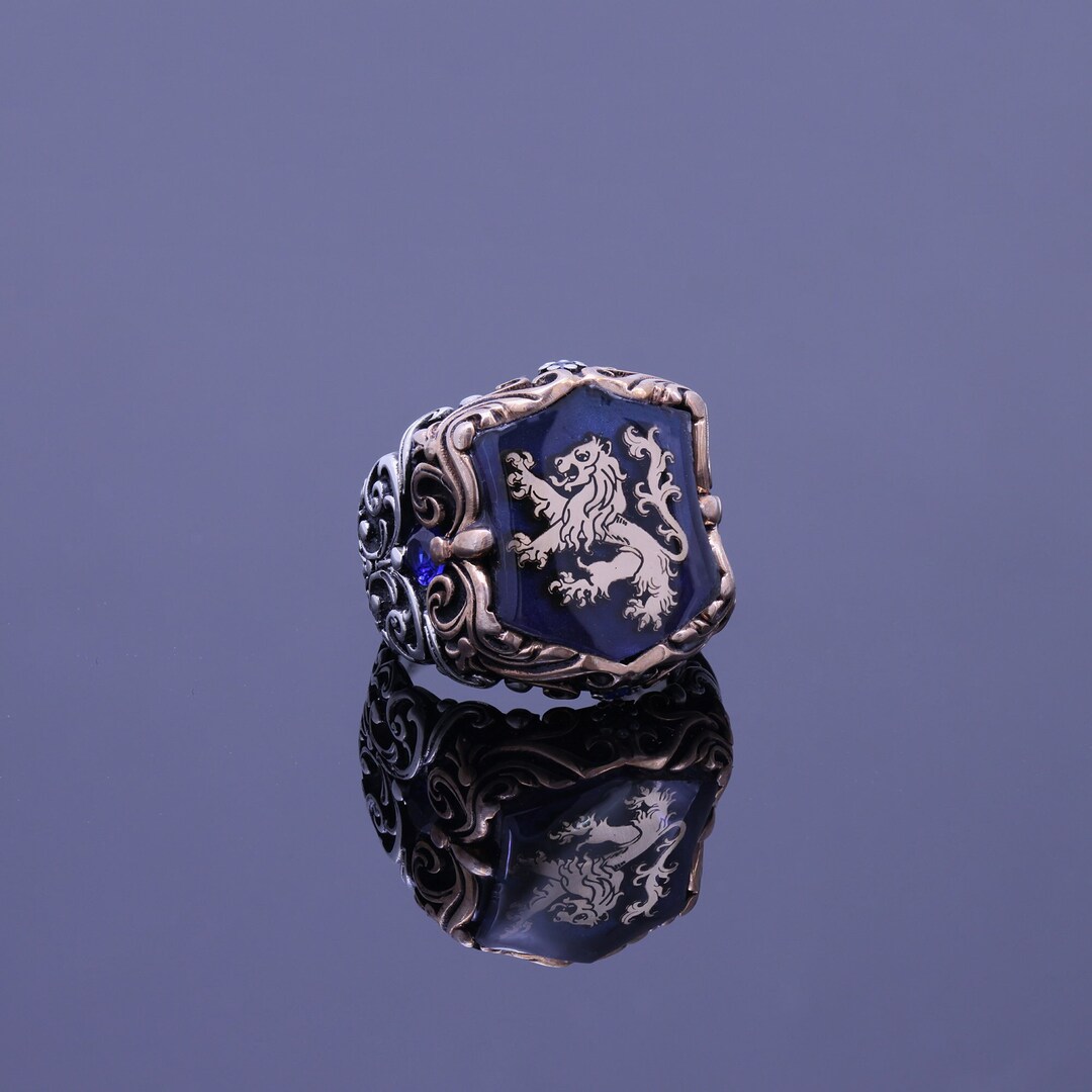 Mens Lion Rampant Ring, Exclusive Scottish Ring, Blue Pearl Stone ...