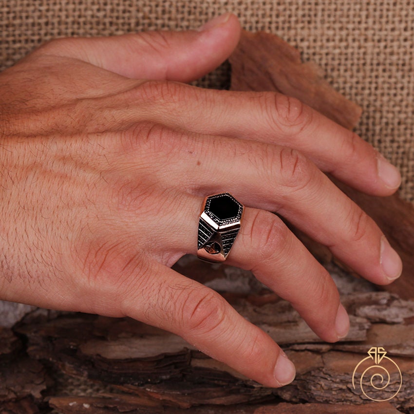 Men's Hexagon Ring Sterling Silver Black Gemstone - Etsy