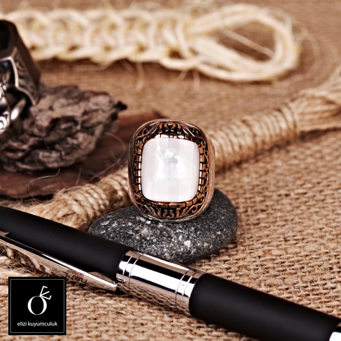 Mens White Gemstone Cocktail Ring Sterling Silver Mother Of | Etsy