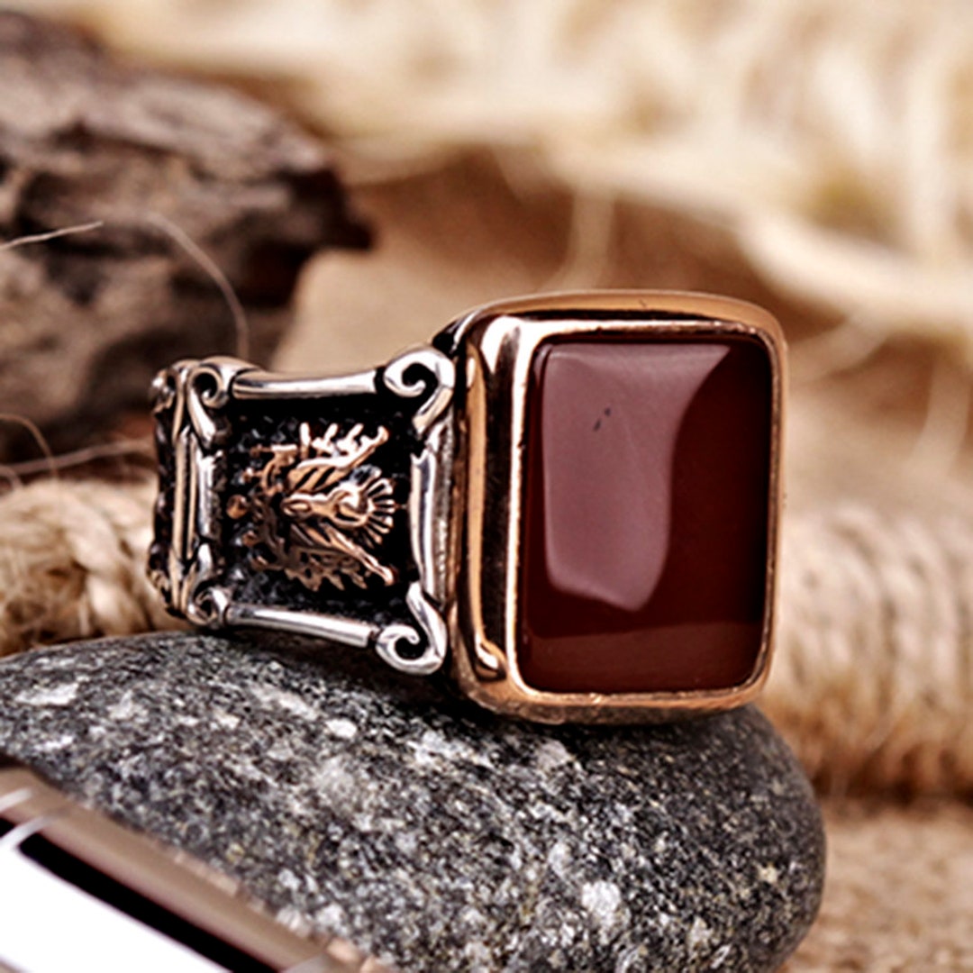 Men’s Agate Anniversary Ring, Engraved Sterling Silver Aqeeq Gemstone ...