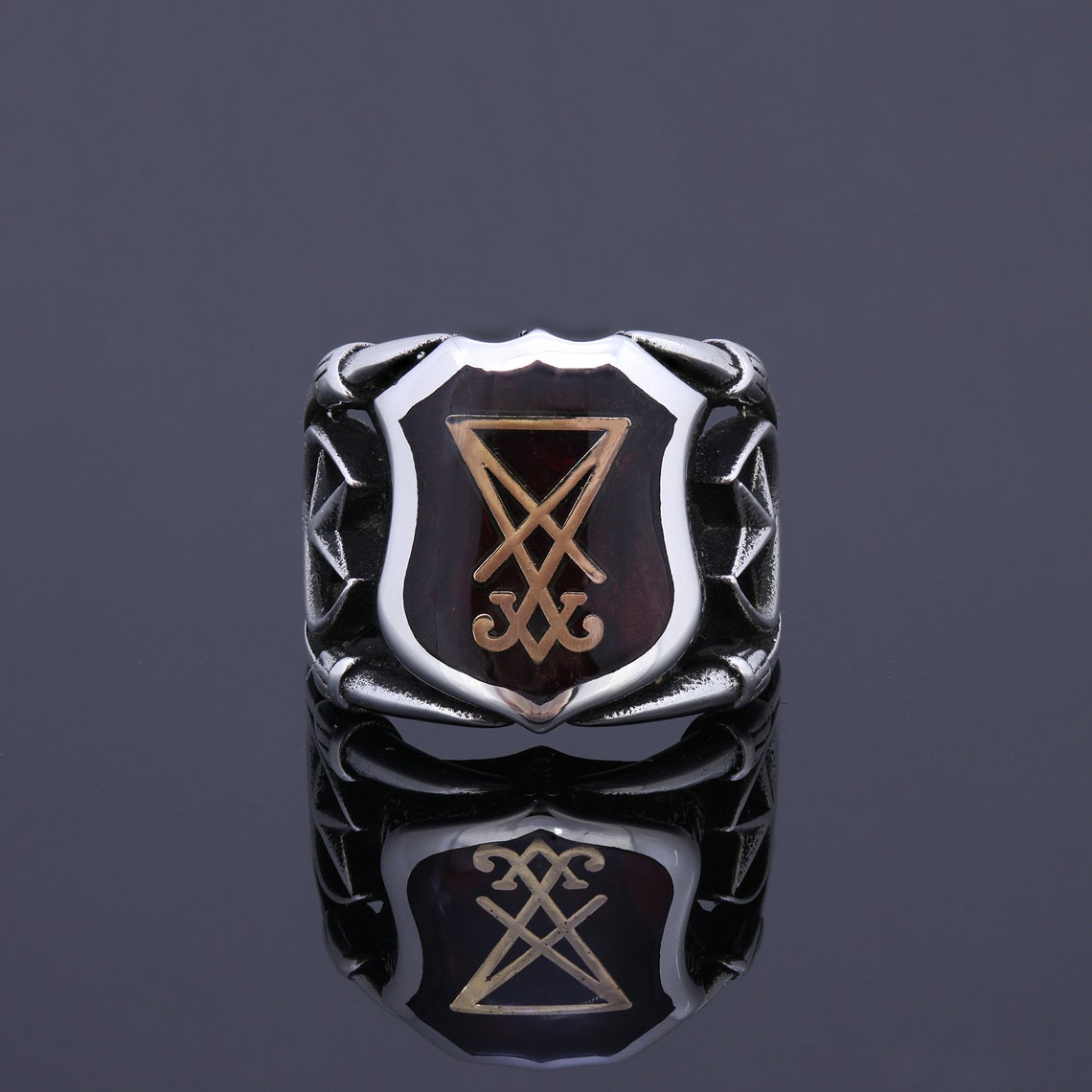 Red Pearl Sigil of Lucifer Ring, Satanic Silver Jewelry With Pentagram ...