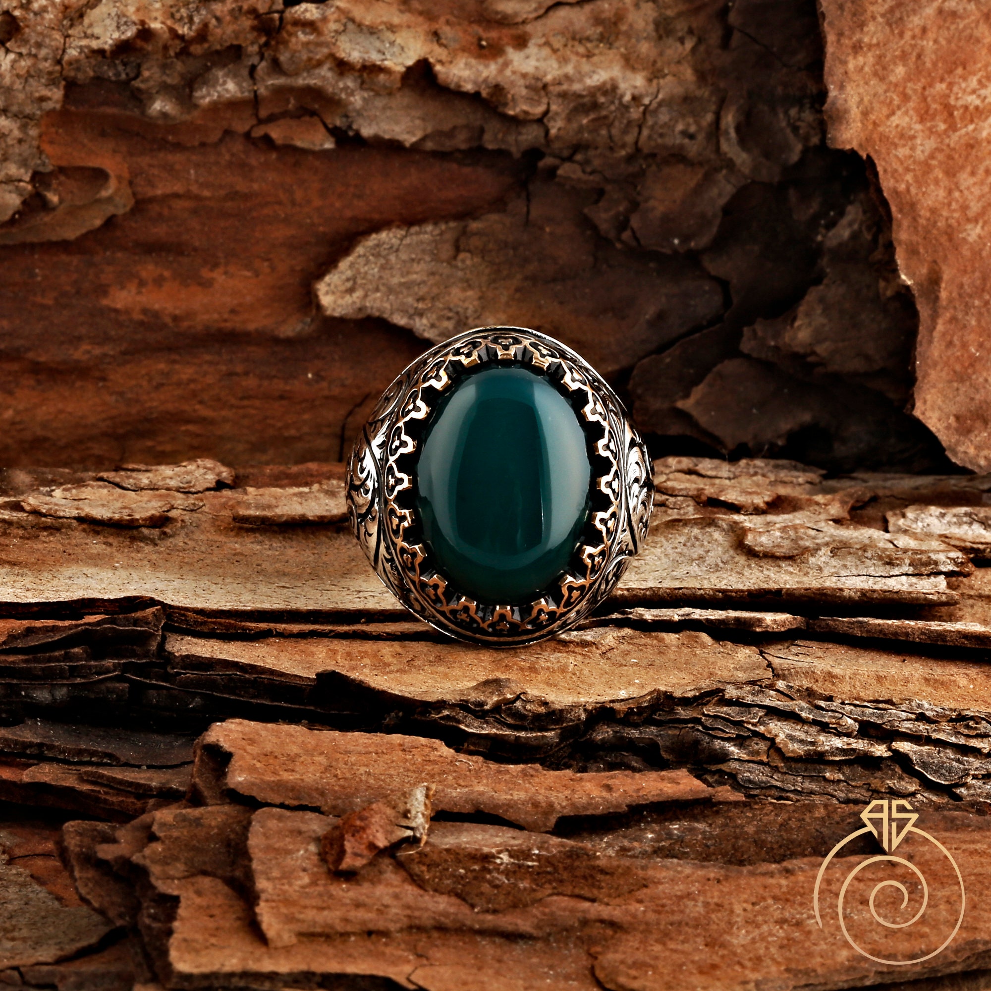 Unique Curved Mens Aqeeq Gemstone Occult Ring Custom Silver - Etsy