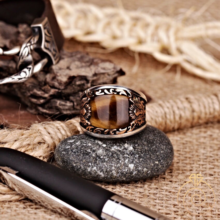 Mens Brown Tiger Eye Wedding Band Vintage Heraldic Sterling | Etsy