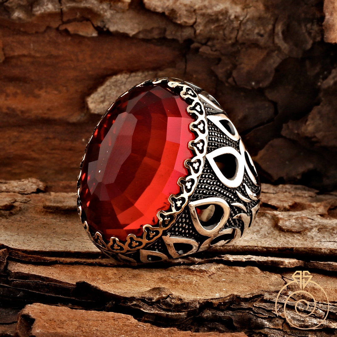 Mens Ruby Carved Ring Red Stone Vintage Silver Ring Huge Engagement ...