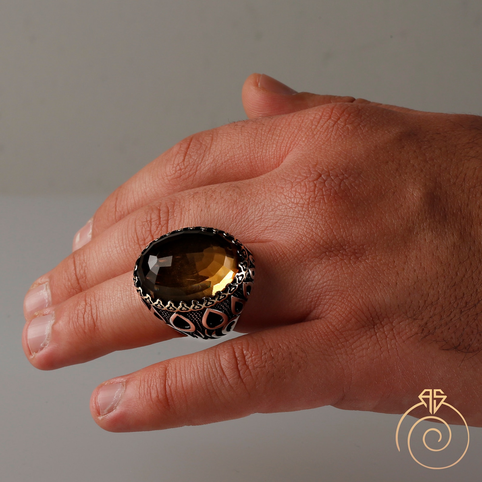 Men Citrine Big Ring For Men Unique Huge Carved Engrave | Etsy