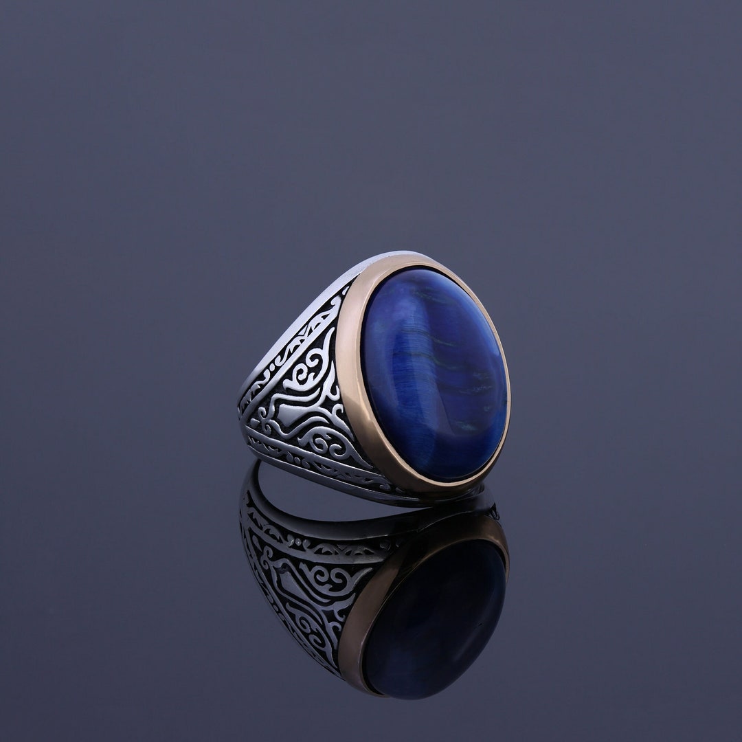 Men Blue Tiger Eye Ring, Unique Vintage Engraved Guy Engagement Band ...