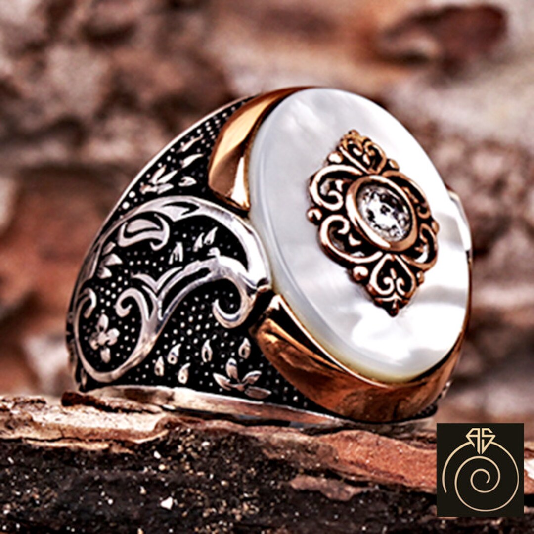 Men’s White Gemstone Cocktail Ring, Custom Sterling Silver Mother of ...
