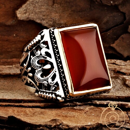 Unique Curved Mens Aqeeq Gemstone Occult Ring Custom Silver - Etsy