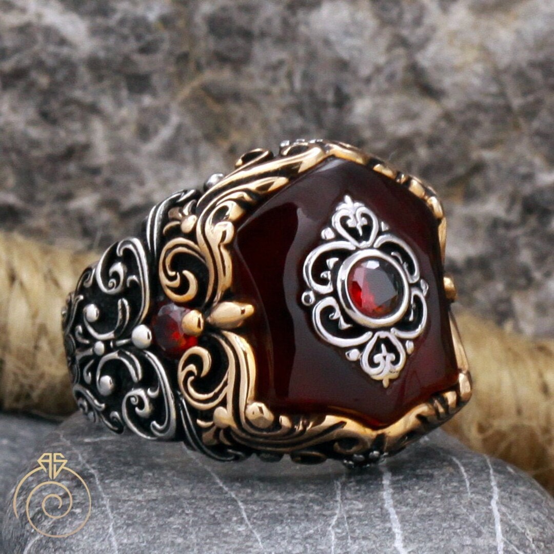 Mens Ruby Statement Ring, Art Nouveau Men Ring Anniversary Shield ...