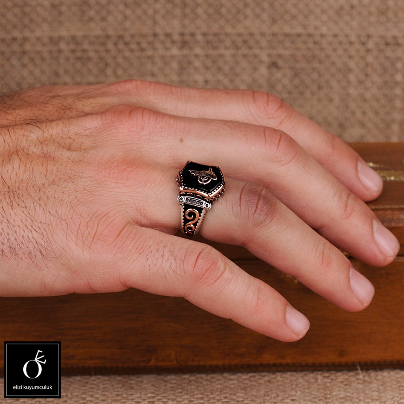 Men’s Black Gemstone Shield Ring, Custom Symbol Onyx Statement Band ...