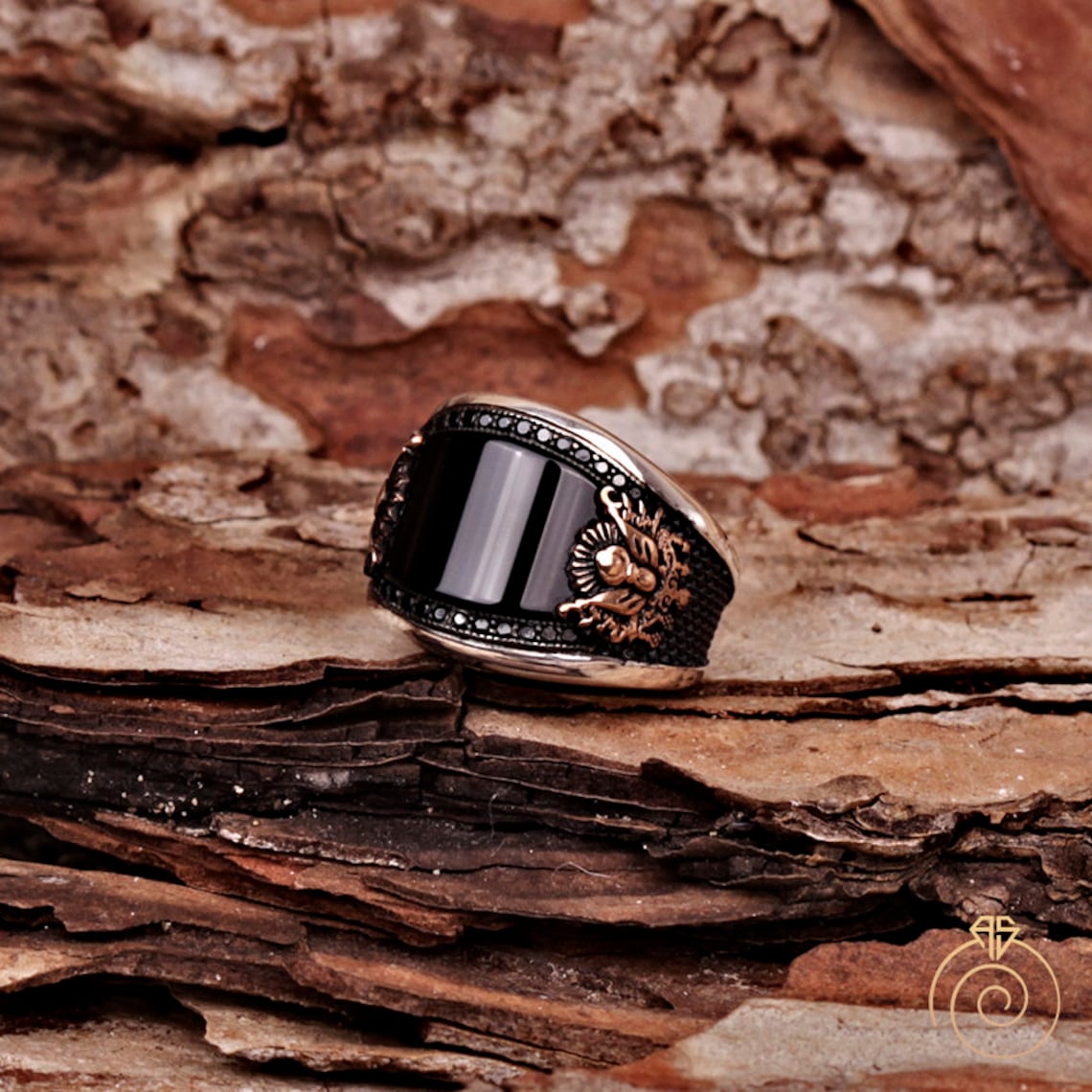 Mens Black Gemstone Cocktail Ring Custom Sterling Silver | Etsy