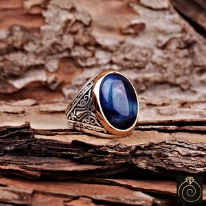 Men Blue Tiger Eye Ring Unique Vintage Engraved Guy | Etsy