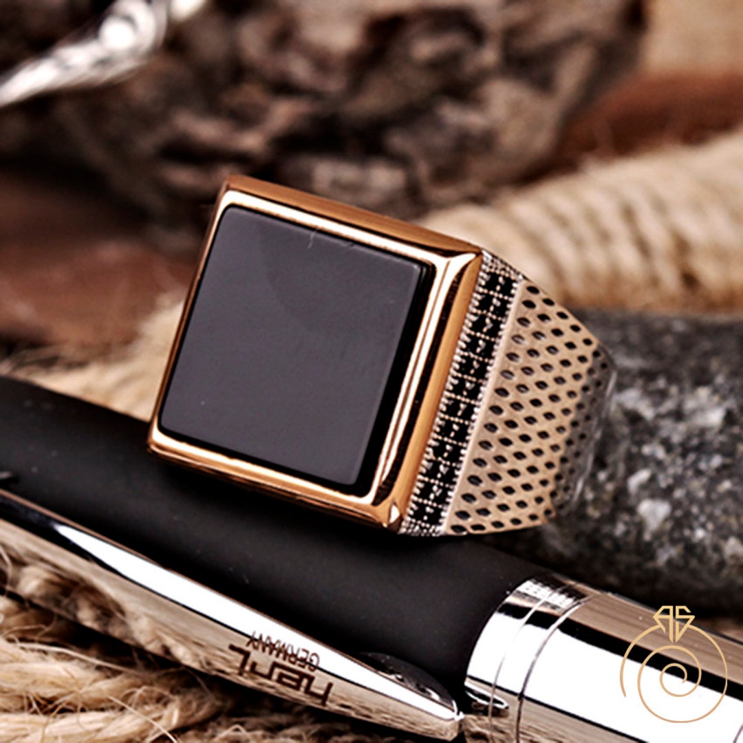 Unique Men's Black Stone Ring, Silver Onyx Square Stone Wedding Band ...