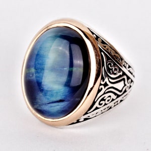 Men Blue Tiger Eye Ring Unique Vintage Engraved Guy | Etsy