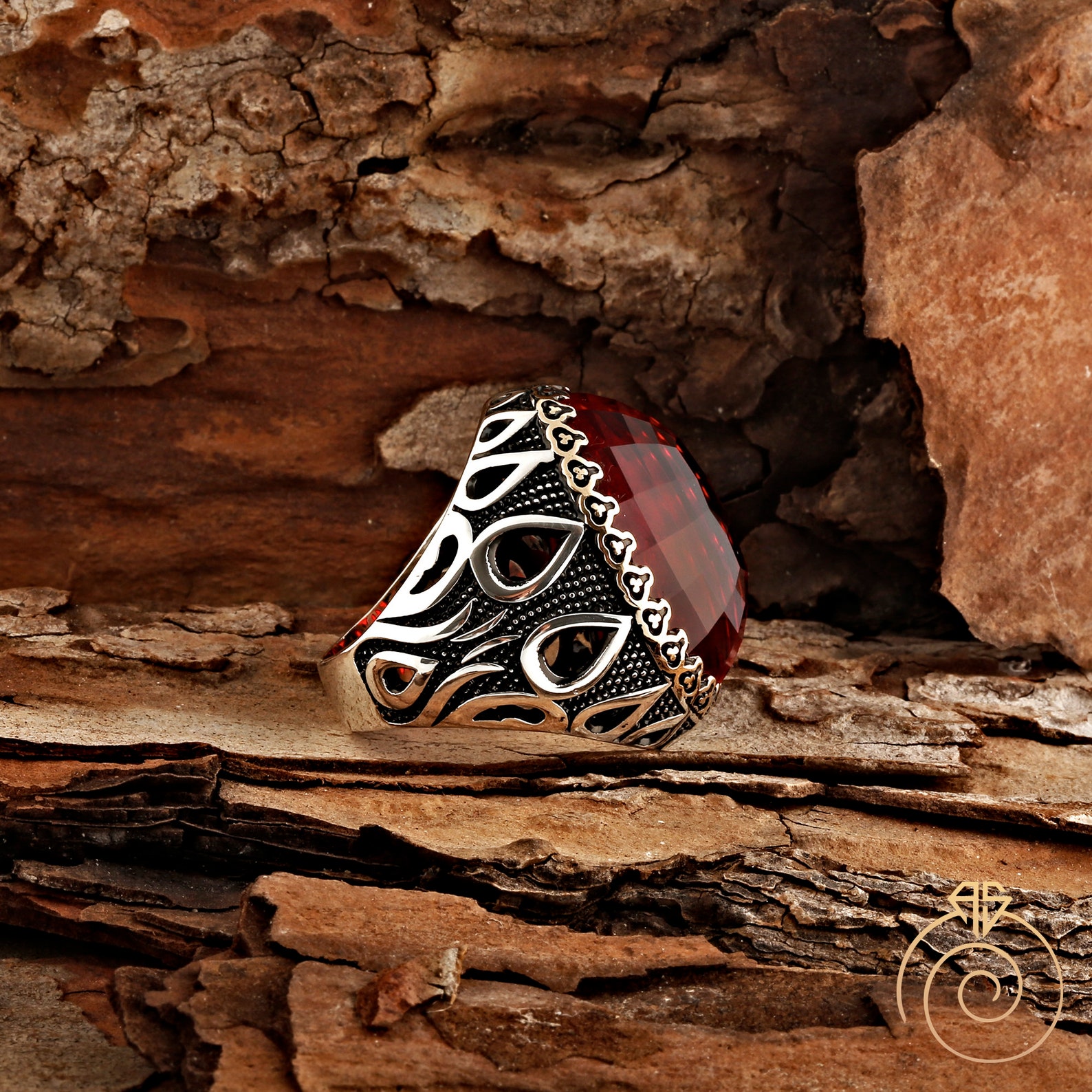 Mens Ruby Carved Ring Red Stone Vintage Silver Ring Huge | Etsy