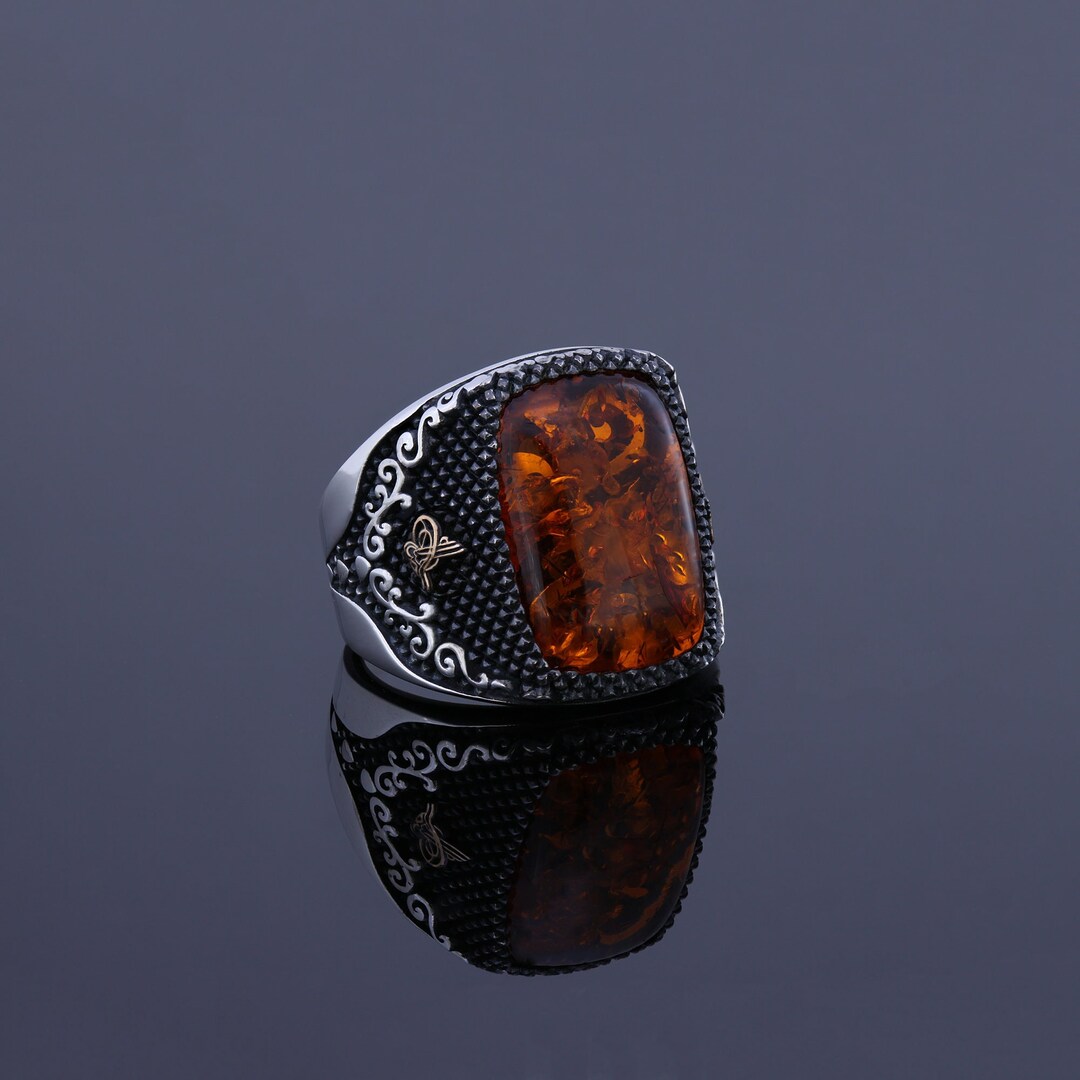 Mens Amber Gemstone Occult Ring, Natural Baltic Amber Vintage Ring ...