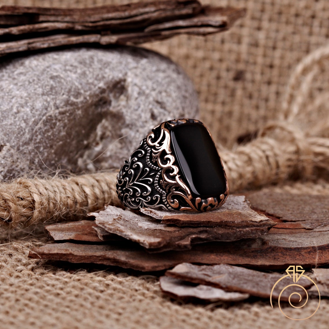 Unique Mens Ring Vintage Onyx Engraved Rectangle Wedding Ring | Etsy