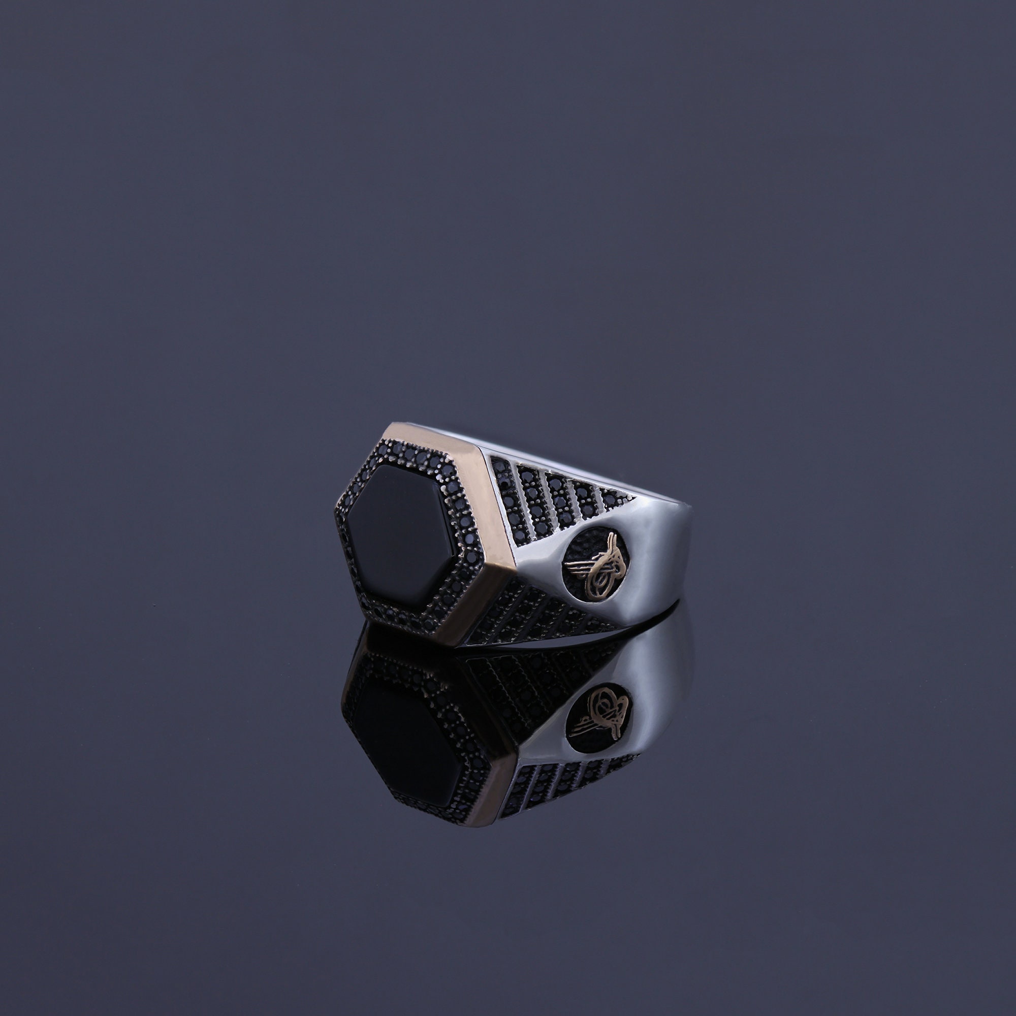 Men's Hexagon Ring Sterling Silver Black Gemstone - Etsy