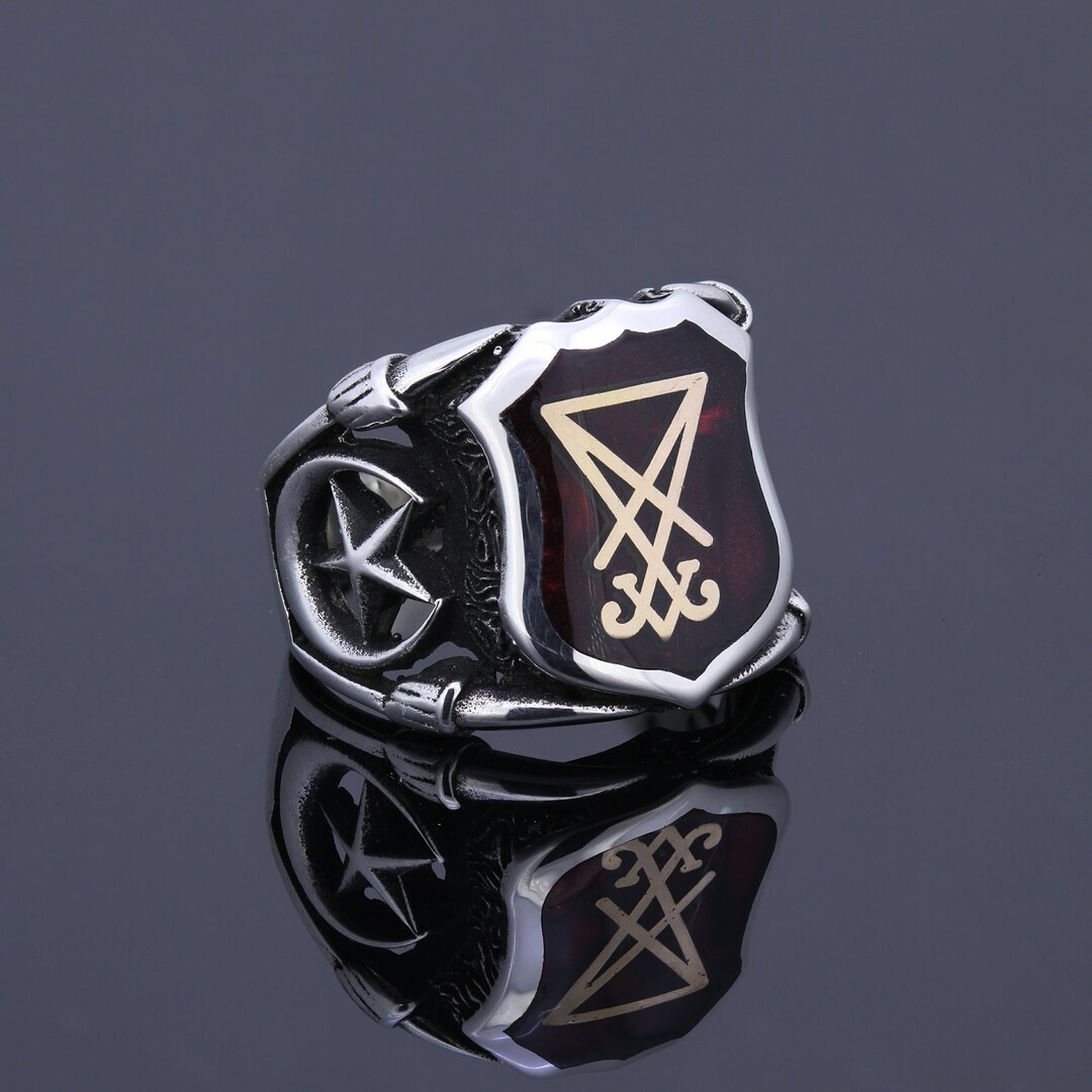 Red Pearl Sigil of Lucifer Ring, Satanic Silver Jewelry With Pentagram ...