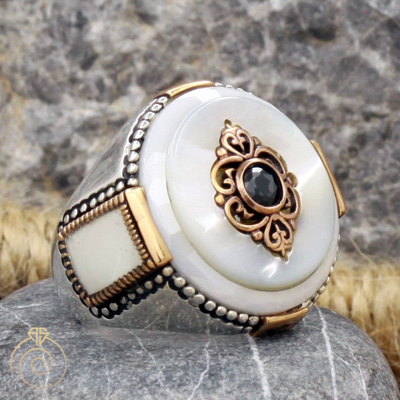 Men’s White Gemstone Heraldic Ring, Custom Sterling Silver Mother of ...