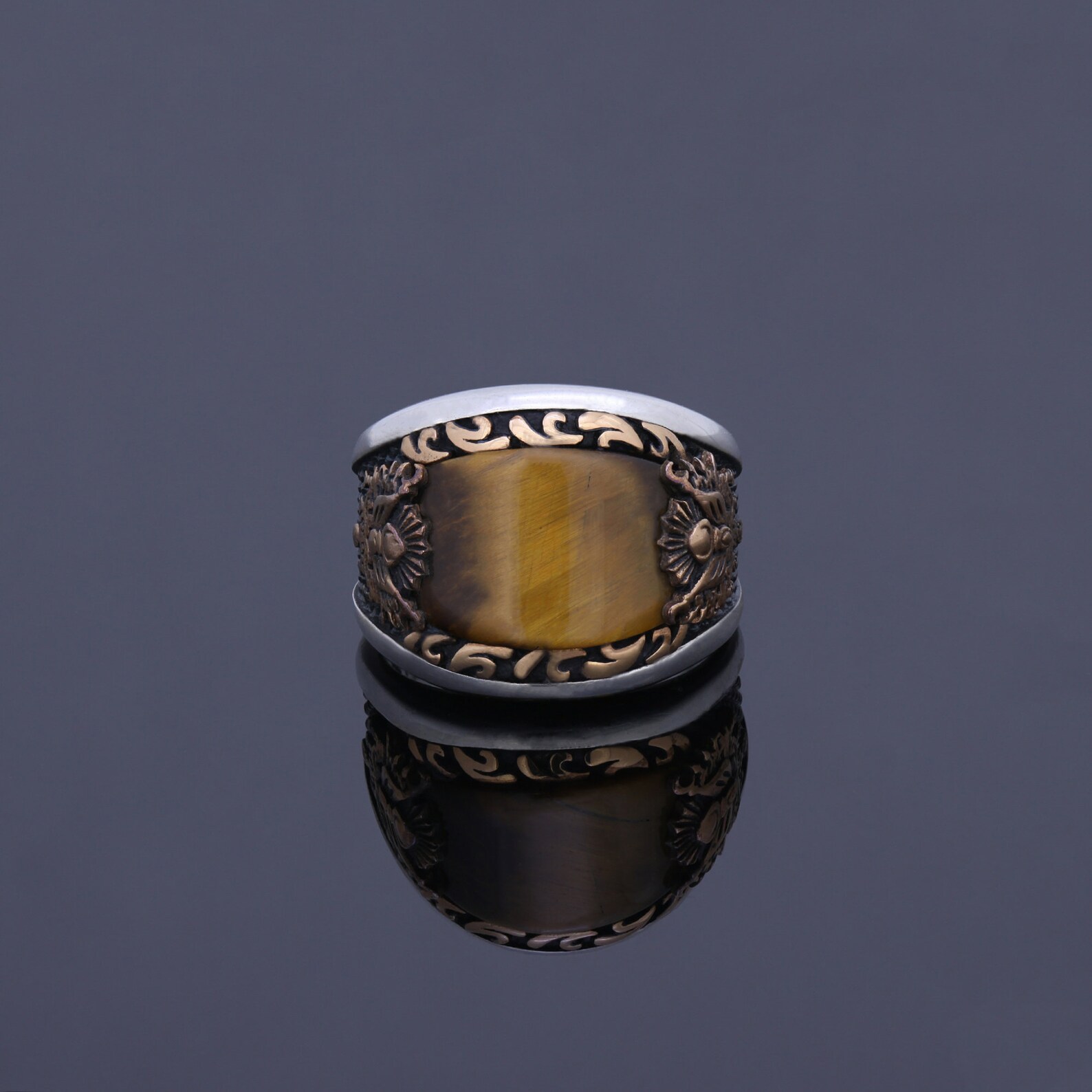 Mens Brown Tiger Eye Wedding Band Vintage Heraldic Sterling - Etsy
