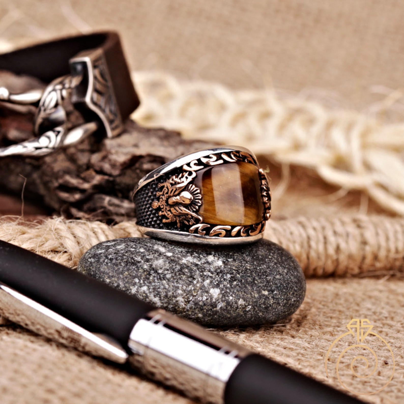 Mens Brown Tiger Eye Wedding Band Vintage Heraldic Sterling - Etsy