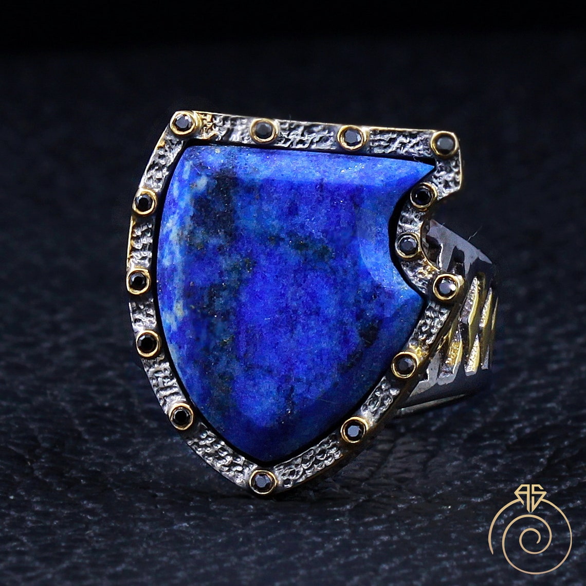 Lapis Lazuli Mens Shield Ring, Natural Blue Gemstone With Black Diamond ...