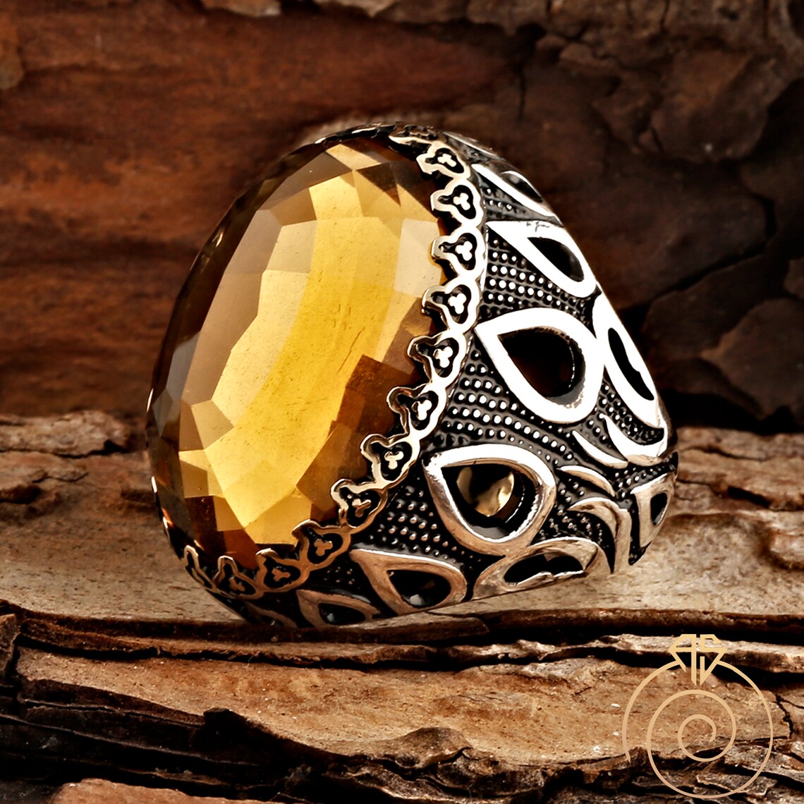 Men Citrine Big Ring For Men Unique Huge Carved Engrave | Etsy