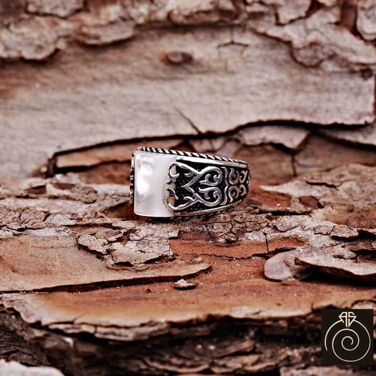 Pearl Gemstone Men’s Viking Ring, Authentic Sterling Silver White ...