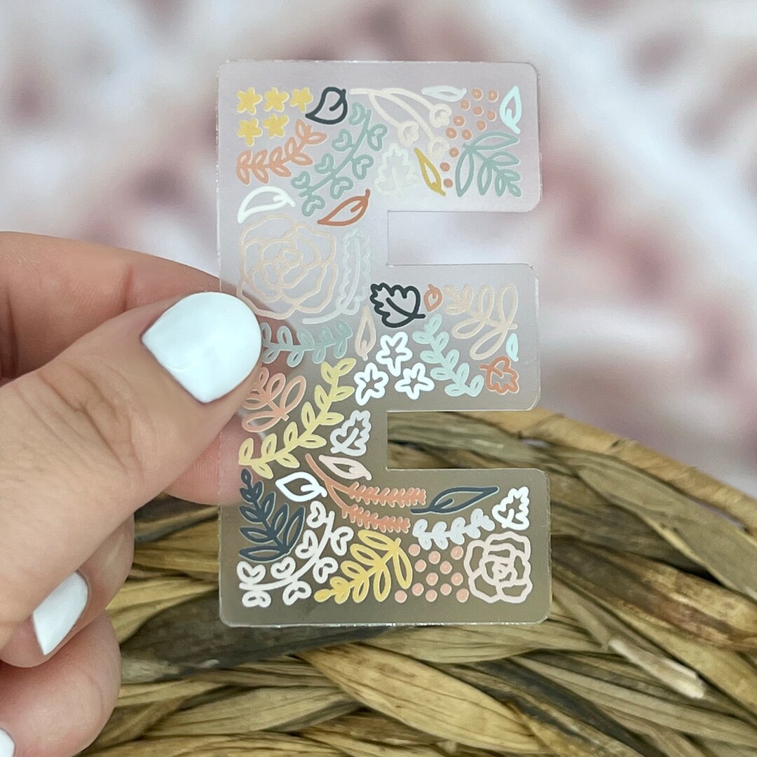 Floral E Sticker. Clear Matte Letter Sticker. Weatherproof Vinyl ...