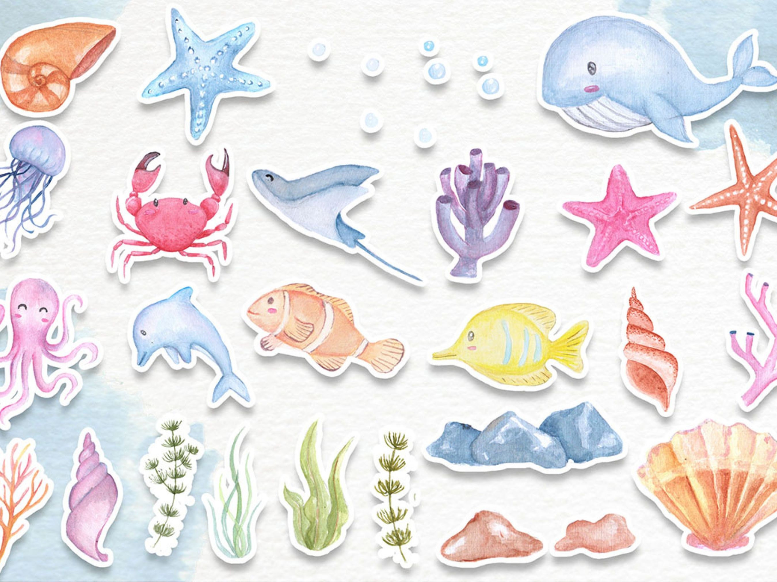 Undersea Watercolor Illustration Collection Clipart, Animal Sea Clipart ...