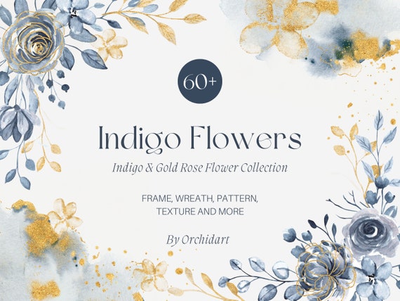 Watercolor Flower Clipart Png Blue Indigo & Gold Flower - Etsy
