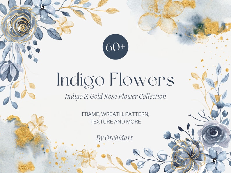 Watercolor Flower Clipart Png Blue Indigo & Gold Flower, Flower Png ...