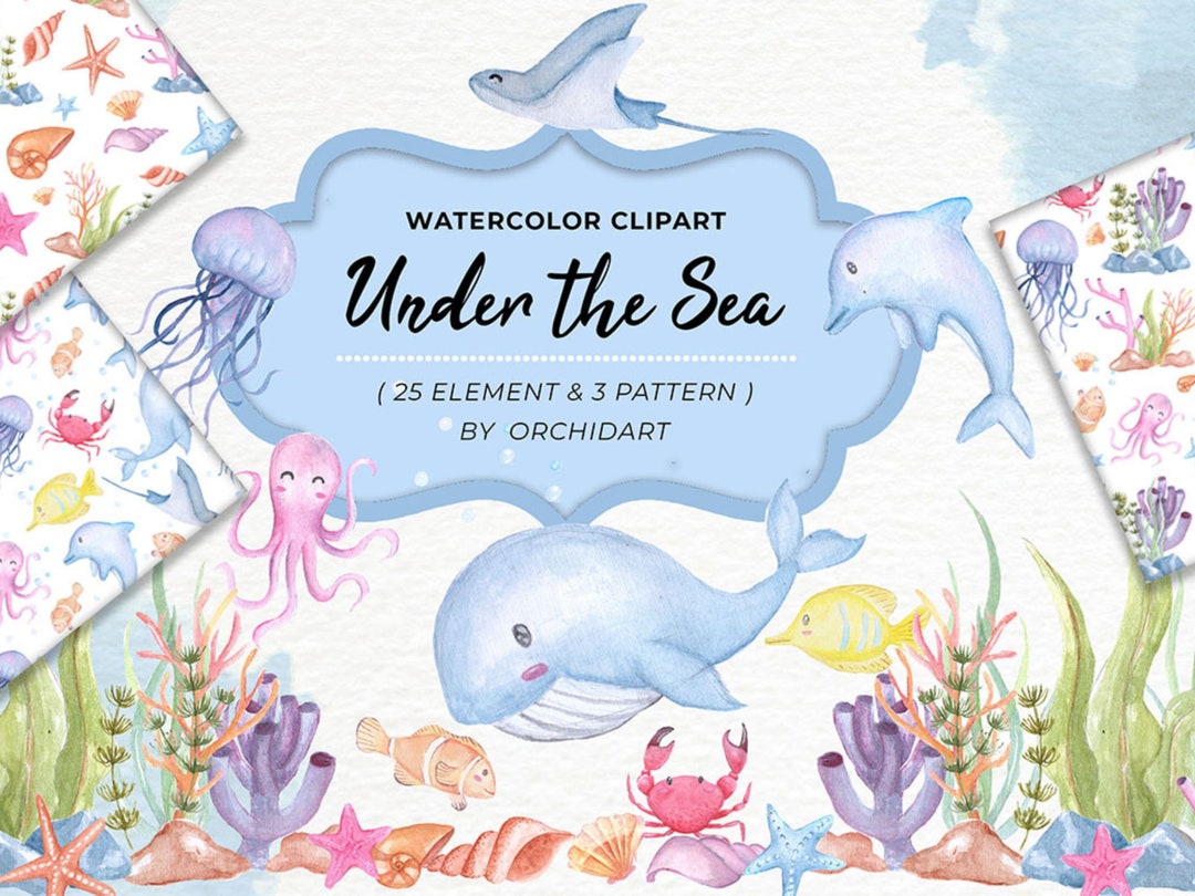 Undersea Watercolor Illustration Collection Clipart, Animal Sea Clipart ...