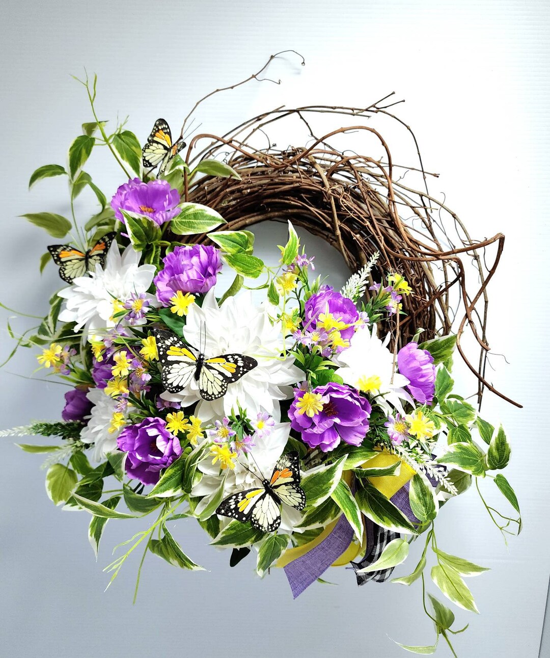 Grapevine Wreath, Floral Umbrella Basket Grapevine Wreath, Purple, Home ...