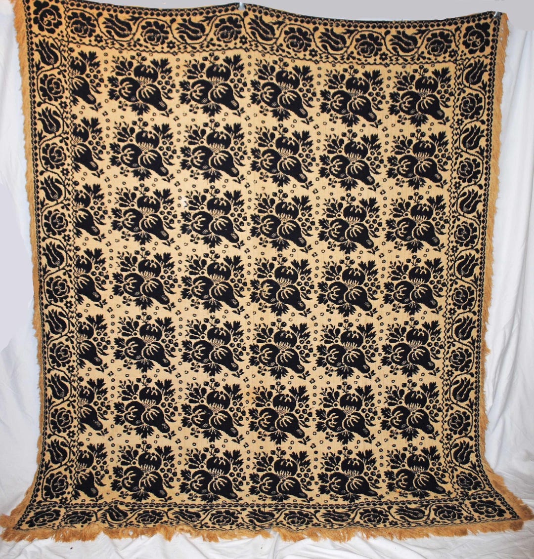 Antique Indigo Blue & White Jacquard Woven Coverlet With Rose and Pear ...