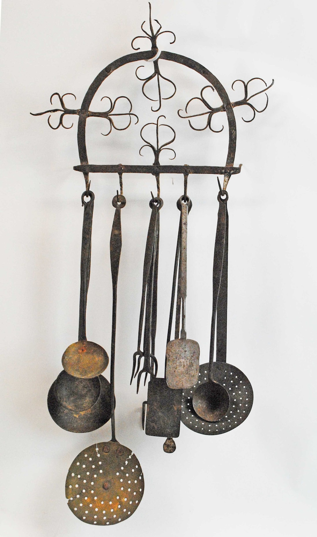 Antique 19th C Hanging Wrought Iron Utensil Wall Rack With Hooks and ...