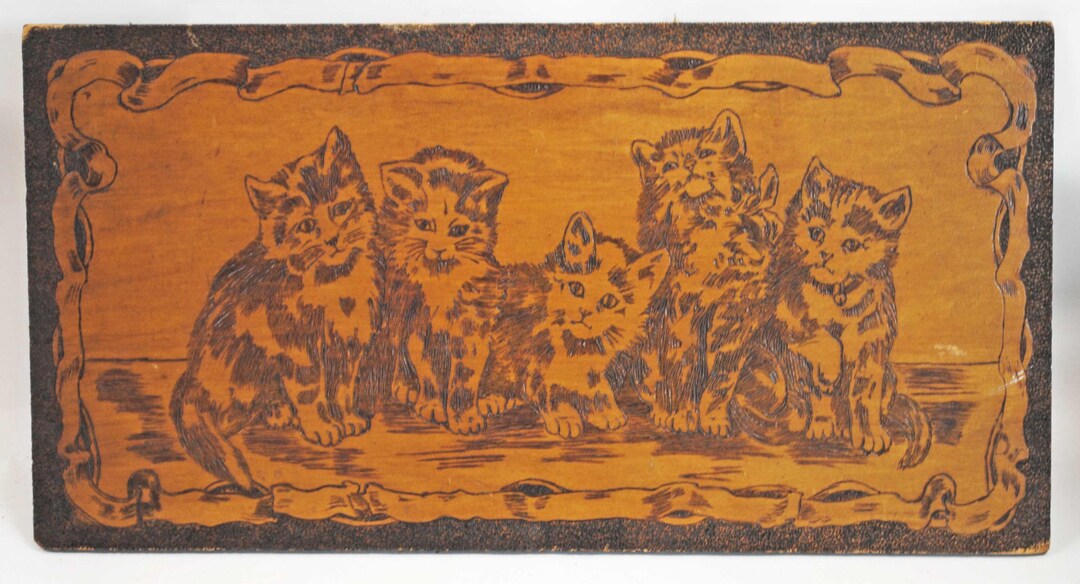 Antique 1900's Flemish Art Pyrography of Cats, Wooden Wall Hanging ...