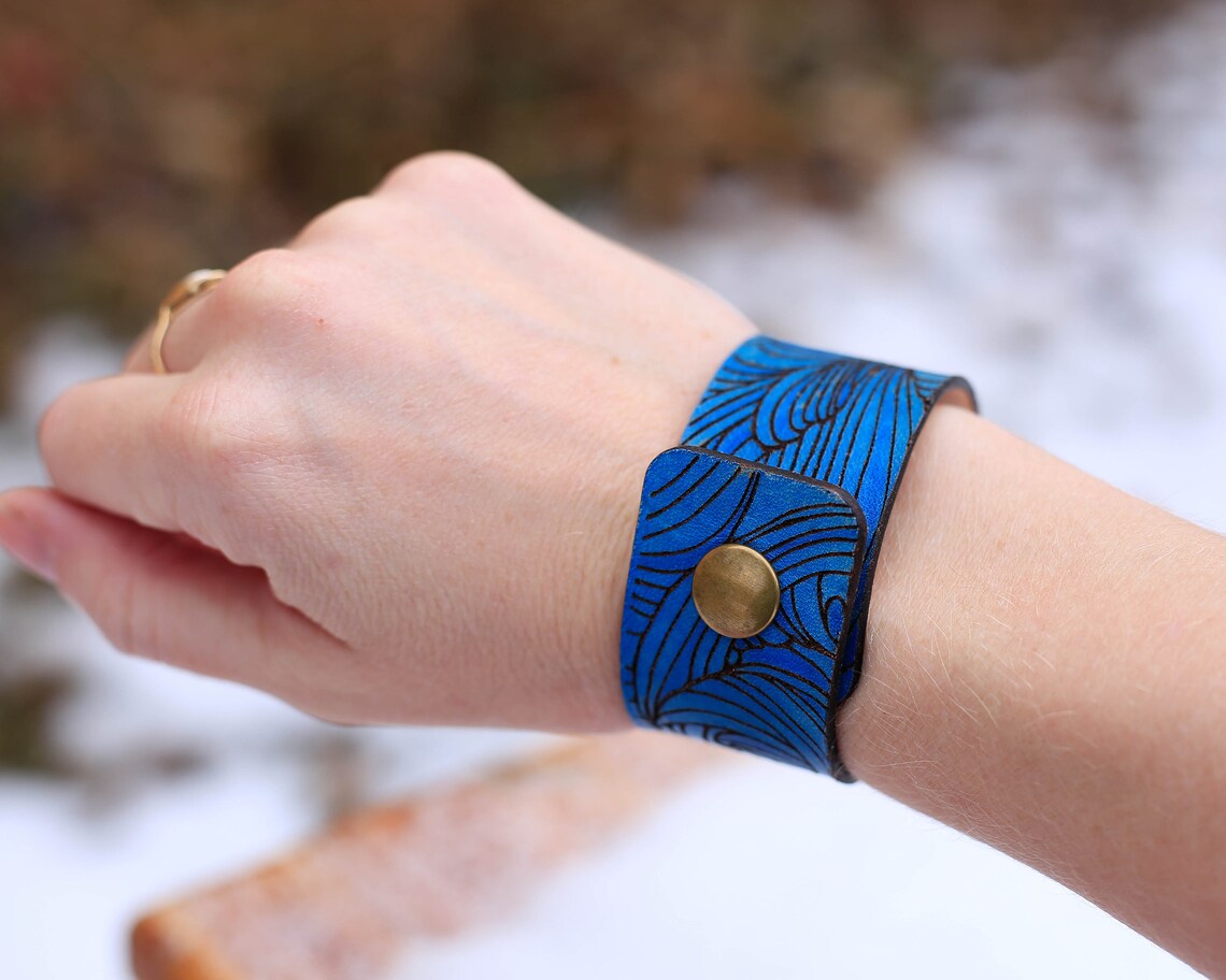 Leather Cuff Bracelet. Water Pattern Leather Cuff. - Etsy