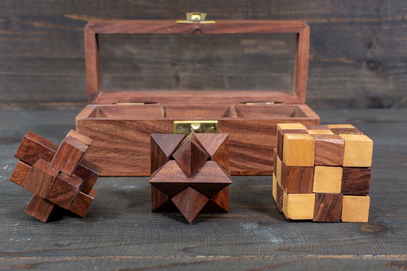 Wooden Brain Teaser Puzzles for Adults | Wooden Puzzle Box Set - Etsy