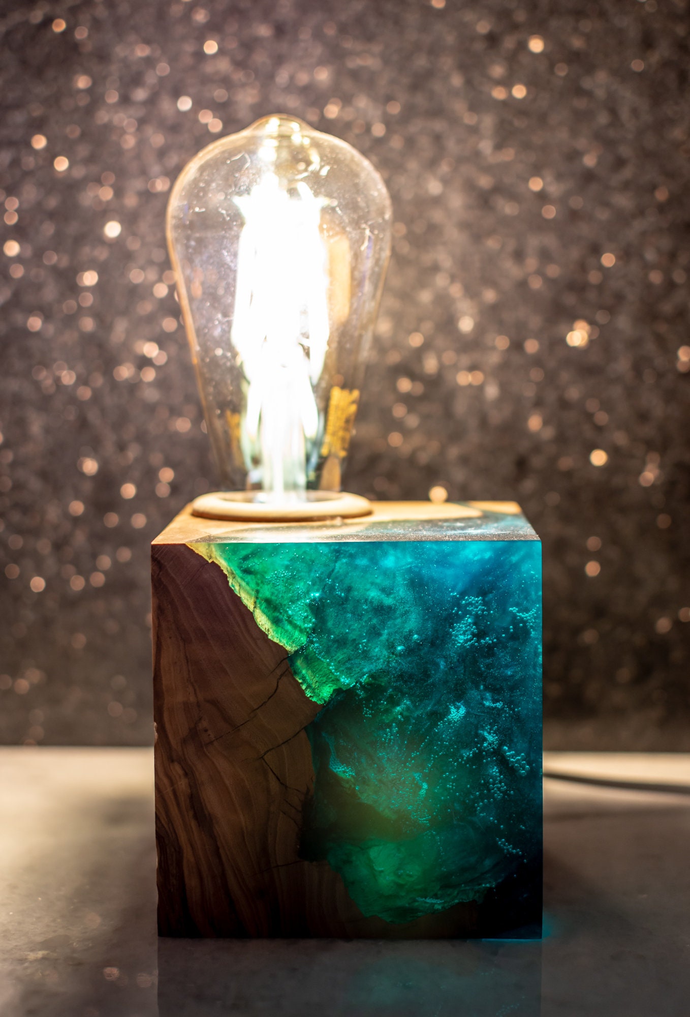Epoxy Resin Table Lamp Handmade From Fine Olive Wood Cube | Etsy