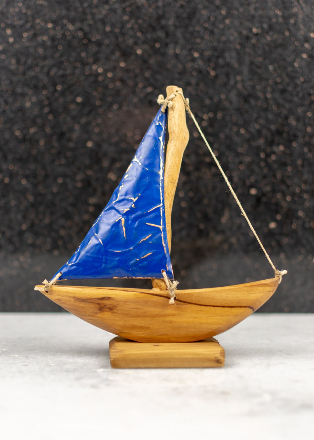 Wooden Sail Boat With Blue Sails | Olive Wood Ship | Unique Handmade ...