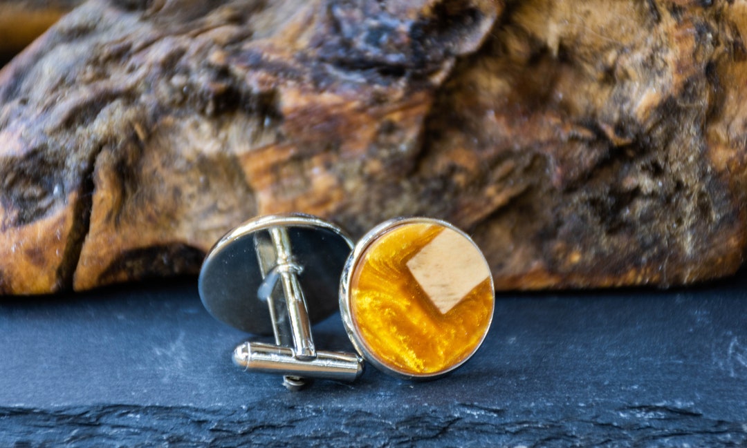 Wooden Cufflinks With Gold Epoxy Resin liquid Glass Handmade Round Wood ...