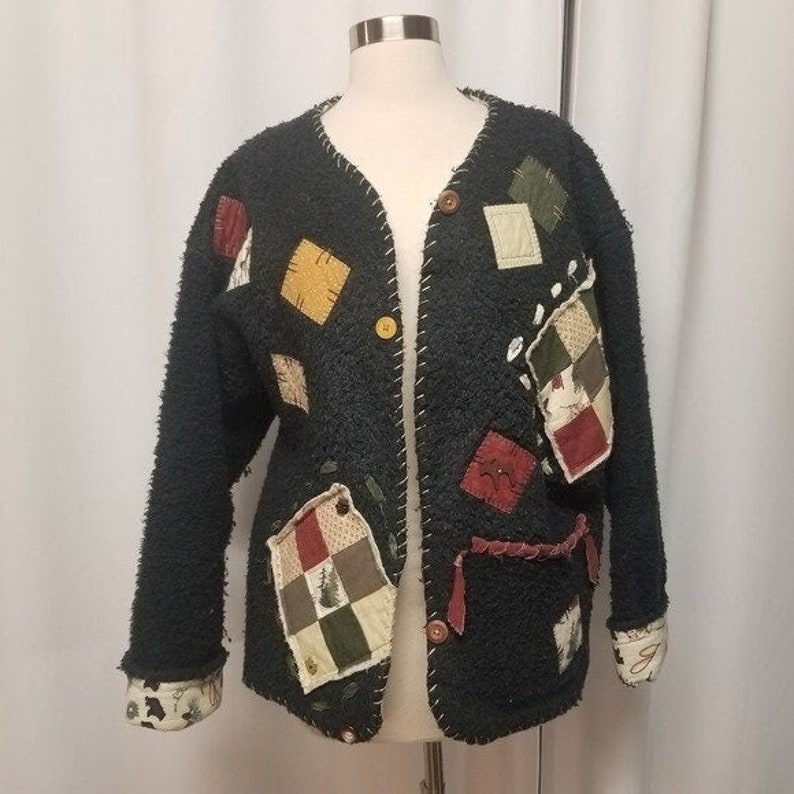 Vintage 90s Y2k Handmade Applique Patch Granny Style Jacket Lodge Theme Lg - Etsy