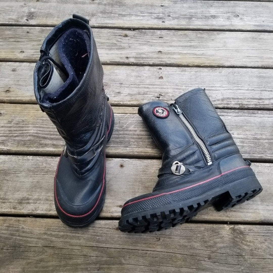 Vintage 80s Scorpion Snowmobile Boots Black Leather Red Stripe Grunge ...